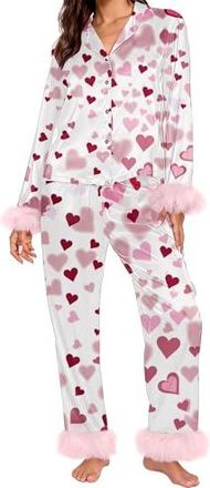 Generic Ensemble de pyjama 2 pi&egrave;ces en satin de soie pour femme avec bordure en plumes, chemise boutonn&eacute;e, pantalon de d&eacute;tente, ensemble de pyjama 2 pi&egrave;ces av