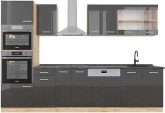 Vicco Cuisine R-Line, Anthracite Brillant/Chêne doré, 300 cm avec Armoire Haute, PT Anthracite