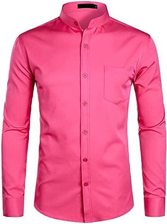 PARKLEES Chemise habill&eacute;e &eacute;l&eacute;gante &agrave; col grand-p&egrave;re pour homme, coupe ajust&eacute;e, manches longues, boutonn&eacute;e avec poche, XL