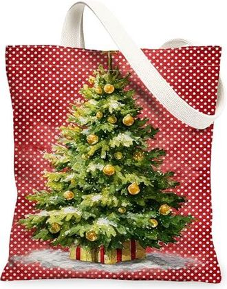 Generic Sac fourre-tout en toile motif sapin de No&euml;l, sacs de courses r&eacute;utilisables, amusants, l&eacute;gers, lavables, Rouge, 13x15 Inch