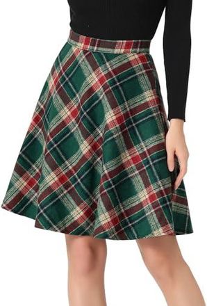 Allegra K Jupe trapèze à carreaux pour femme - Taille haute élastique - Longueur genou, Vert/rouge., XL