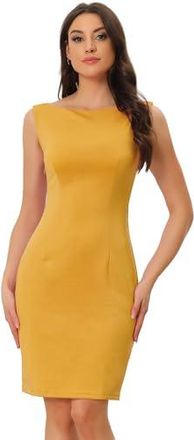 Allegra K Robe Fourreau Femme sans Manches Robes Business de Bureau Décontractées à Col Bateau Robe Midi Moulante Cocktail Jaune XS