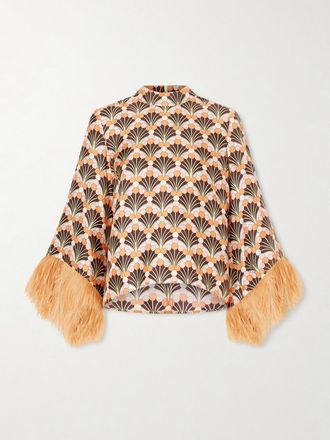 La DoubleJ Make An Exit Feather-trimmed Printed Silk-twill Top - Orange