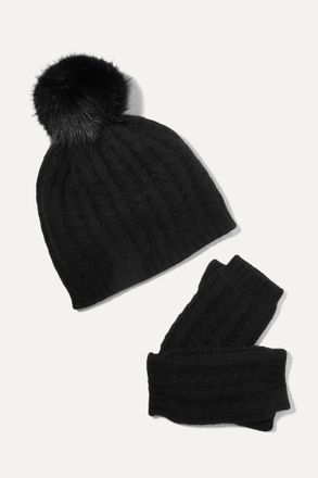 Portolano Set Aus Beanie Mit Faux-fur-besatz Und Fingerlosen Handschuhen Aus Kaschmir In Zopfstrick - Schwarz