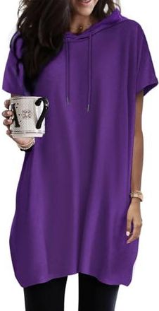 Dokotoo Sweat Femme Capuche Manches Courtes Sweats Loose Printemps &eacute;t&eacute; Sweatshirts Couleur Unie Chic et Elegant Classique Pull Haut pour Femmes Tops Tunique T