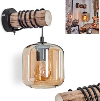 HOFSTEIN Wandleuchte Lauden, Wandlampe aus Metall/Holz/Glas in Schwarz/Natur/Bernstein, Leuchte im Retro/Vintage-Design mit Schirm aus Glas (&Oslash; 15 cm) u. An/-Au