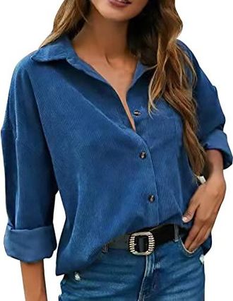 Generic Cardigan ample d&eacute;contract&eacute; en velours c&ocirc;tel&eacute; pour femme, grande taille, manteau confortable avec bouton, pull long pour femme, bleu, XL