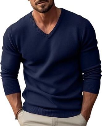 Generic Pull en tricot pour homme - Avec col en V - Tricot &agrave; manches longues - Pull dhiver classique en maille fine - Haut basique pour le quotidien, le burea