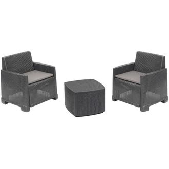 Dmora Dmora - Salon dext&eacute;rieur Dbelpan, Salon de jardin avec 2 fauteuils et 1 table de rangement, Effet rotin avec coussins, 100% Made in Italy, Anthracite