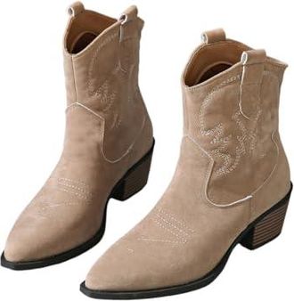Generic Bottes De Cowboy Brod&eacute;es pour Femmes -Bottes Mi-Mollet &Agrave; Talon Compens&eacute; Et Bout Pointu - Cuir Su&eacute;d&eacute;, Id&eacute;ales pour Les Sorties, Le Travail, Les Soir&eacute;es