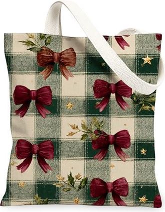 Generic Sacs fourre-tout en toile avec noeud de Noël, motif écossais élégant, sacs dépicerie réutilisables, rustiques, légers, lavables, vert, 13x15 Inch