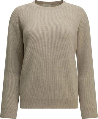 Brunello Cucinelli Femme, Pulls, Beige, Taille: 38 FR Pull Col Rond C&ocirc;tel&eacute;