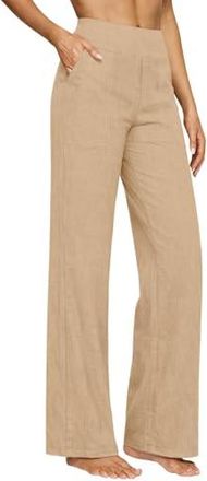 Generic Pantalon d&eacute;contract&eacute; en coton et lin pour femme - L&eacute;ger - Coupe d&eacute;contract&eacute;e - Taille droite - Grande taille - Solide - Pantalon long pour femme, beig