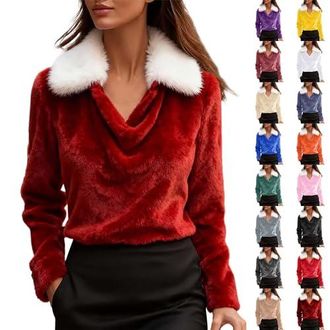 Generic Pull de Noël pour femme UK 2025 - Col rabattu - Manches longues - Hiver - Tendance - Décontracté - Doux et confortable - Coupe ample, A - Rouge, 3XL