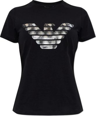 Emporio Armani Femme, Tops, Noir, Taille: 38 FR T-shirt ASV slim en jersey stretch avec motif aigle surdimensionn&eacute;