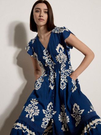 Apricot A-Linien-Kleid Midi-Kleid mit Folk-Blumenmuster mit Stickerei
