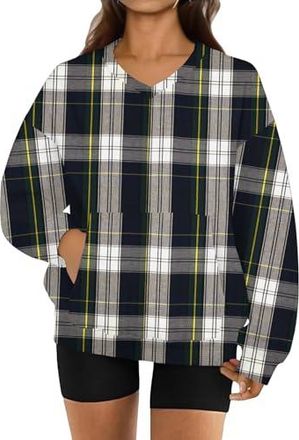 Generic Pull Femme Hiver col V Mode R&eacute;tro Tendance Ample Sweatshirt El&eacute;gant Chaud Sweat Femme sans Capuche D&eacute;contract&eacute; Manche Longue Tops avec Poches Noir