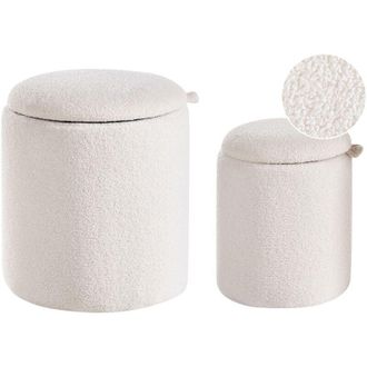 Beliani Pouf mit Stauraum 2er Set BEREA Boucl&eacute; Cremewei&szlig;