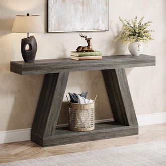 Tribesigns Tribesigns Console de Style Fermier, Table de Canap&eacute; Rustique de 140 cm avec Rangement, Table dEntr&eacute;e Industrielle en Bois pour Couloir, Salon, Gris