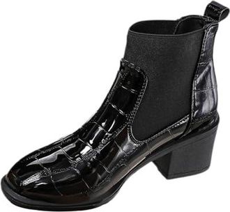 Generic Bottines Chelsea &agrave; talon &eacute;pais pour femme - &Agrave; enfiler - &Eacute;lastique - Talon bas - En cuir verni - Imperm&eacute;ables, Noir, 39.5 EU