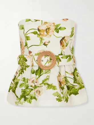 Cara Cara Tilda Strapless Belted Peplum Floral-print Linen Top - Multi