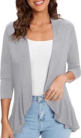 Generic Cardigan léger décontracté pour femme, volants doux, manches 3/4, volants décontractés, couleur unie, gris clair, XXL