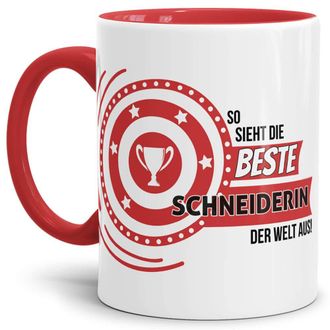 Tassendruck Berufe-TasseSo Sieht die Beste Schneiderin aus Innen & Henkel Rot/Job/Tasse mit Spruch/Kollegin/Arbeit/Fun/Mug/Cup/Geschenk/Beste Qualit&auml;t - 25 Jahre 