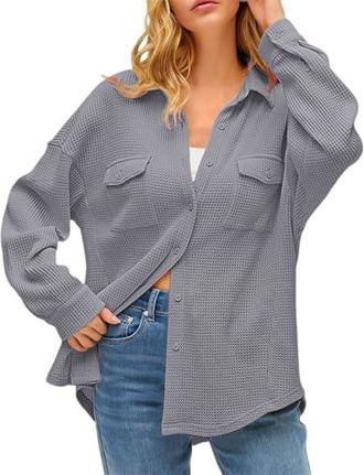 Generic Vestes pour femmes 2026 en velours c&ocirc;tel&eacute;, chemisiers boutonn&eacute;s, manches longues, hauts &agrave; manches longues, gris, XXL