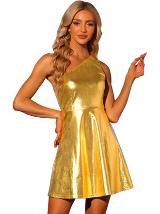 Allegra K Damen &Auml;rmellos One Shoulder Metallic Partykleid Disco Holografisches Glitzer Kleid Gold XS