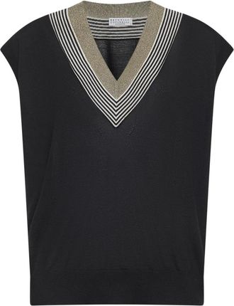 Brunello Cucinelli Femme, Pulls, Noir, Taille: 40 FR Pull l&eacute;ger en cachemire et soie avec encolure &eacute;tincelante