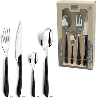 Amefa Ménagère 24 couverts de table pour 6 personnes - Eclat Nature - Acier inoxydable 18/0, Finition Brillante - Bois Noir