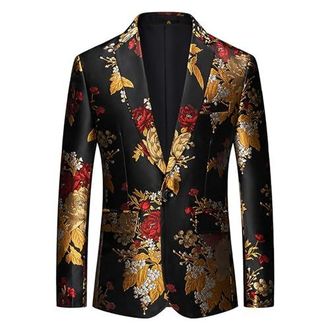 Generic Veste de smoking &agrave; motif floral pour homme - 1 bouton - Motif cachemire - Coupe ajust&eacute;e - Blazer &eacute;l&eacute;gant et d&eacute;contract&eacute;, Noir, 3XL