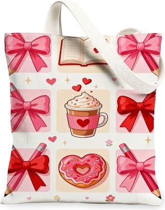 Generic Sacs fourre-tout en toile &agrave; motif coeur pour la Saint-Valentin, adorables sacs d&eacute;picerie r&eacute;utilisables, l&eacute;gers et lavables, p&ecirc;che, 13x15 Inch
