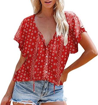 Generic Robes boh&egrave;me pour femmes, chemises d&eacute;t&eacute; d&eacute;contract&eacute;es &agrave; manches courtes et col en V avec col en V et manches courtes pour femmes, chemisiers amples, R