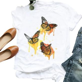 Keephen Bohemian Plume Papillon Impression 3D Femmes T-Shirt Casual &Eacute;t&eacute; Boho Tops Col Rond L&acirc;che Manches Courtes Blouses Tunique