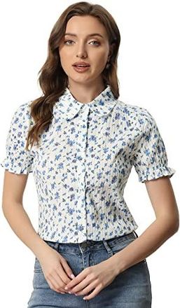 Allegra K Chemise en Coton à Volants pour Femmes avec col Rabattu et Fleurs Bleu B S