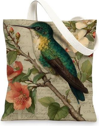Generic Sacs fourre-tout en toile motif colibri réutilisable, motif oiseau coloré, vintage, léger, lavable, bandoulière pour voyage, plage, pique-nique, 33 x 