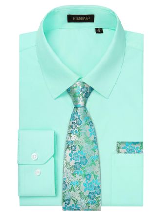 Hisdern Herren Hemd Hellgrün Langarm Einfarbige Hemden mit Krawatte und Taschentuch Formelle Businesshemd Hochzeit Freizeithemd mit Tasche Regular Fit XXL