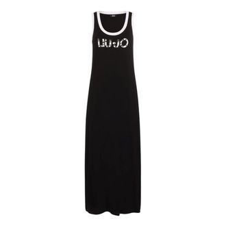 Liu Jo Langes Jerseykleid aus Viskose mit Logo-Print - - Dresses - Damen - Schwarzk - XS