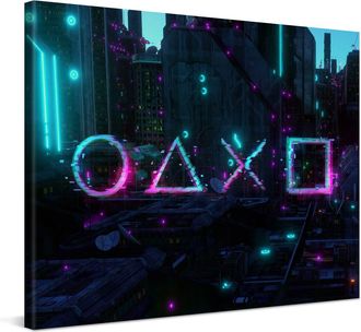 Picanova Premium Leinwanddruck - Leinwandbild Cyberpunk City 80x60cm - Kunstdruck Auf 2cm Holz-Keilrahmen Für Schlaf- Und Wohnzimmer - Kollektion Gaming Consol