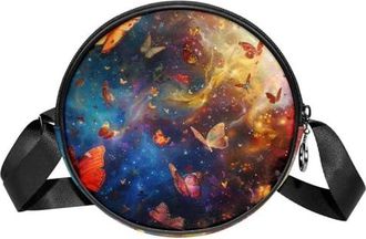 Generic Petit sac &agrave; bandouli&egrave;re rond pour femme, motif papillons et galaxie, avec fermeture &eacute;clair, bretelles r&eacute;glables, style d&eacute;contract&eacute;, pour femmes et fil