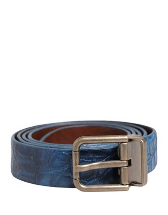 Dolce & Gabbana Mens Navy Blue Leather Gold Tone Metal Buckle Belt Caiman