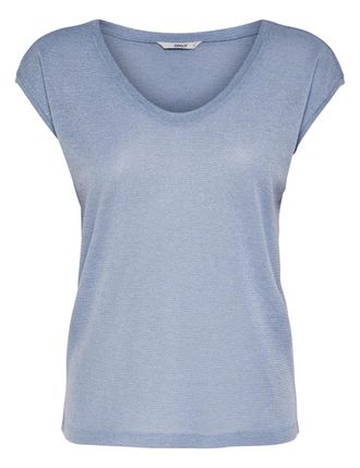 Only Damen Einfarbige Kurzarm Bluse Basic Rundhals Ausschnitt Blusen T-Shirt Blouse Oberteil ONLVIC, 15136069,Halogen Blue,XL