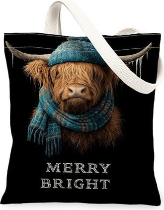 Generic Merry Bright - Sacs fourre-tout en toile motif vache des Highlands, sacs d&eacute;picerie r&eacute;utilisables, l&eacute;gers et lavables, noir, 13x15 Inch
