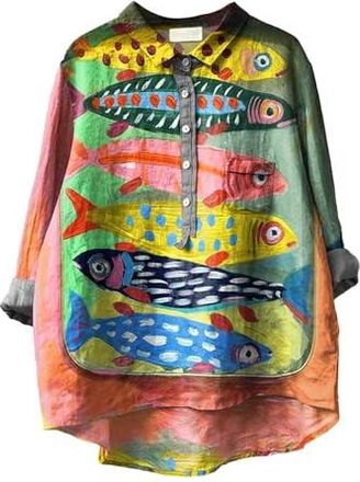 Generic Chemise boutonn&eacute;e en coton et lin pour femme, t-shirt carr&eacute; ample et fluide en lin pour femme, imprim&eacute; poisson vintage, col &agrave; revers, chemisiers &agrave; man