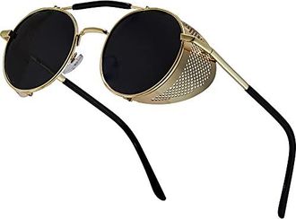 XFentech Steampunk Lunettes - Punk Rond Lunettes de Soleil Cyclisme Retro Polarisée Lunettes de Soleil pour Femmes Hommes, A1 Monture Dor - Lentilles Noirs
