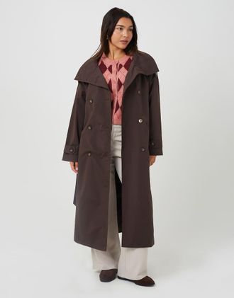 Brave Soul mac long oversize &agrave; double boutonnage avec grand col chocolat-Marron