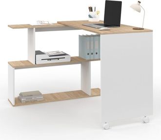 IDMarket Eckschreibtisch 180&deg; drehbar JOY Regal S-Form Holzoptik Buche und Wei&szlig;