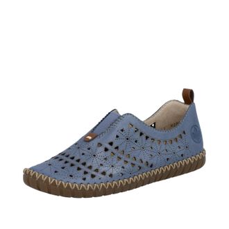 Rieker Slipper RIEKER, Damen, Gr. 37, royalblau, braun, Glattleder, unifarben mit Farbeinsatz, Schuhe Slipper, Schlupfschuh, Halbschuh, Urlaubsschuh mit Perf