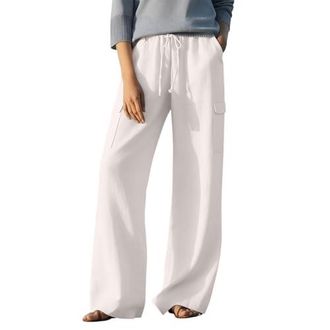 Generic Pantalon cargo en coton et lin pour femme - Pantalon d&eacute;contract&eacute; taille haute avec cordon de serrage et poches lat&eacute;rales, respirant, l&eacute;ger, coupe ampl